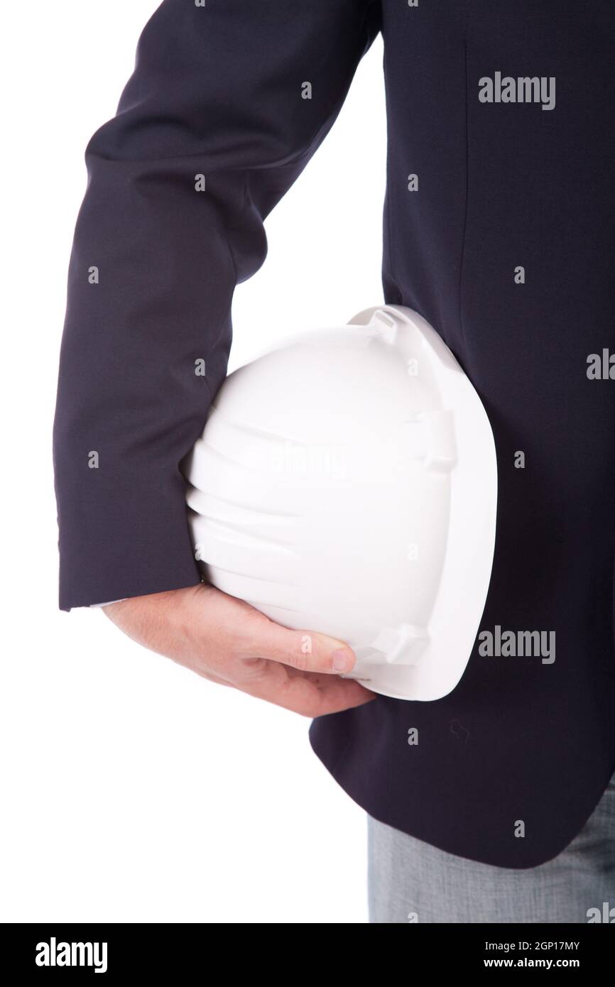 Detail of an engineer holding an helmet, isolated over white Stock ...