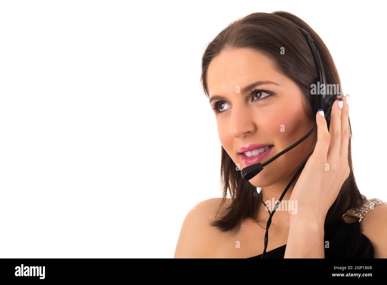 Friendly young beautiful telephone operator at work Stock Photo - Alamy