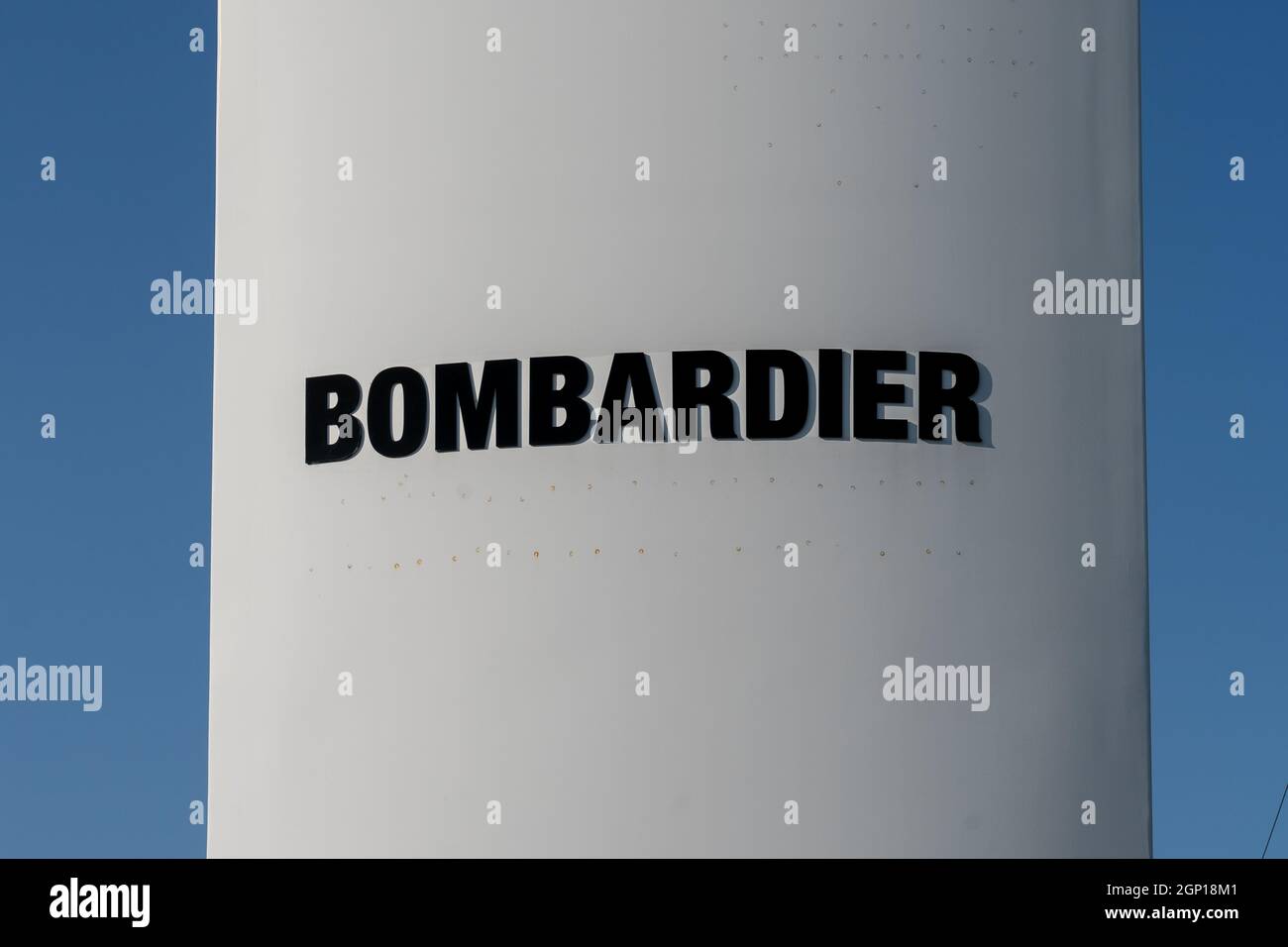 Montreal, QC, Canada - September 4, 2021: Close up of Bombardier sign ...