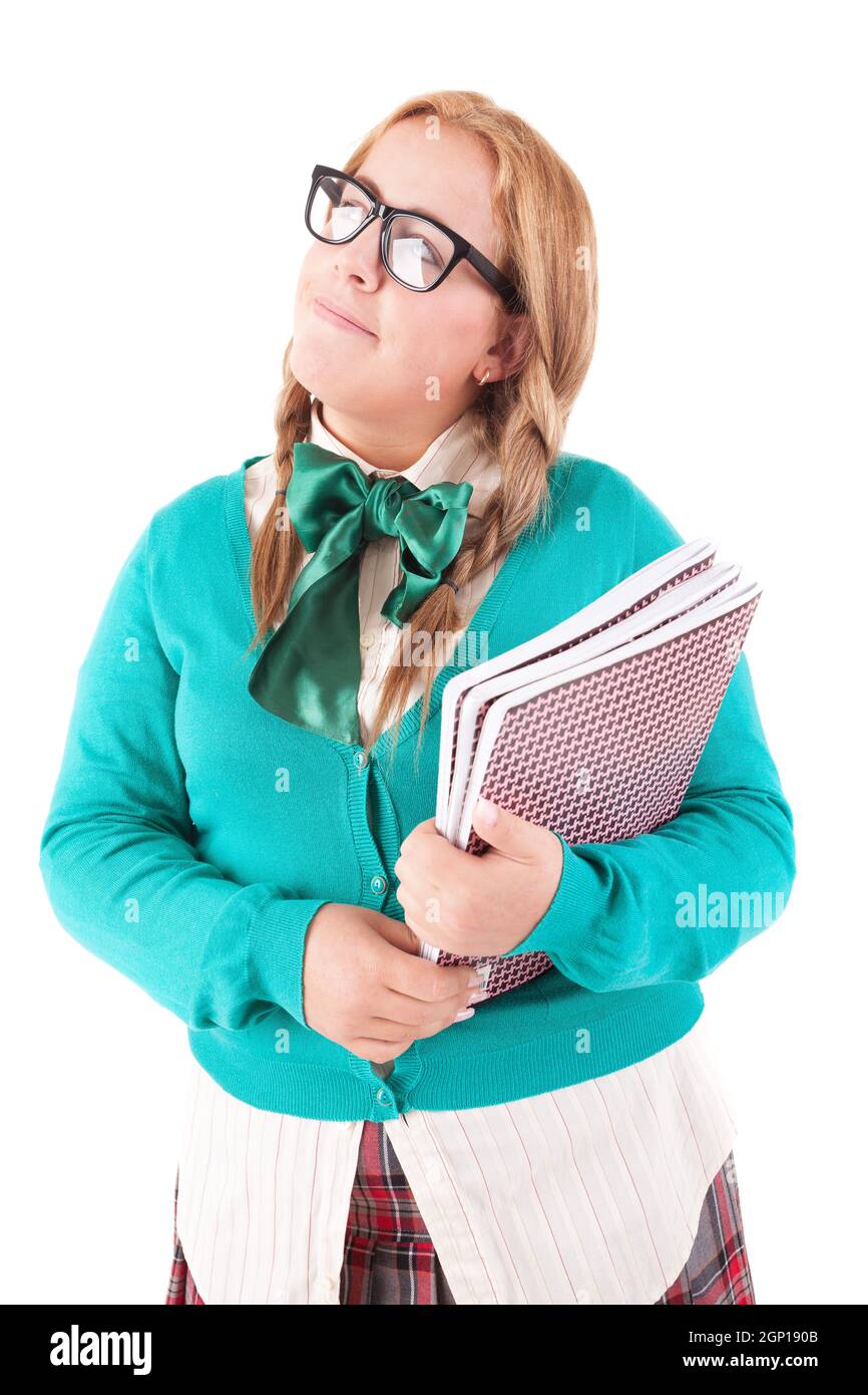 Silly nerd schoolgirl, posing over a white background Stock Photo - Alamy