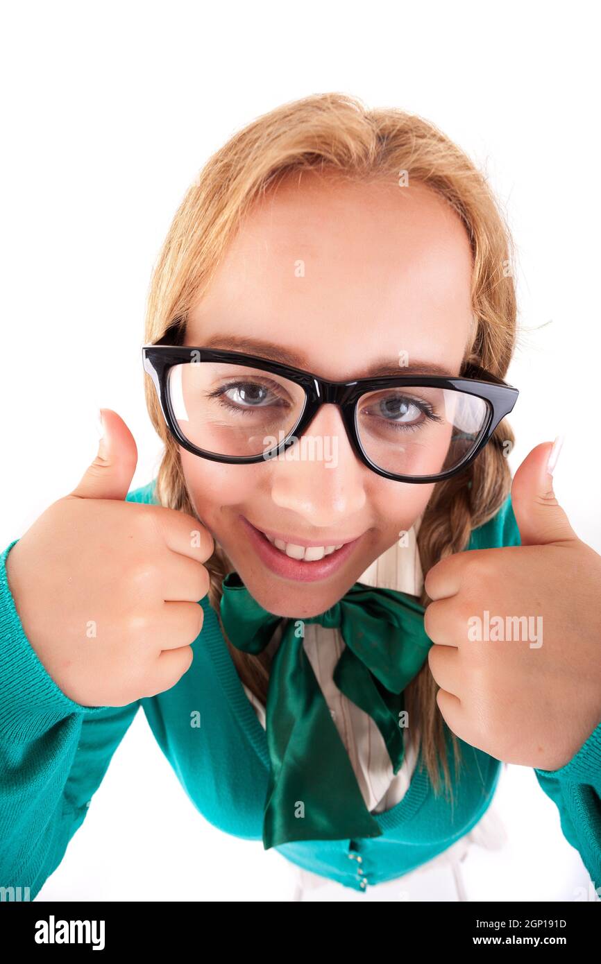 Silly nerd schoolgirl, posing over a white background Stock Photo - Alamy