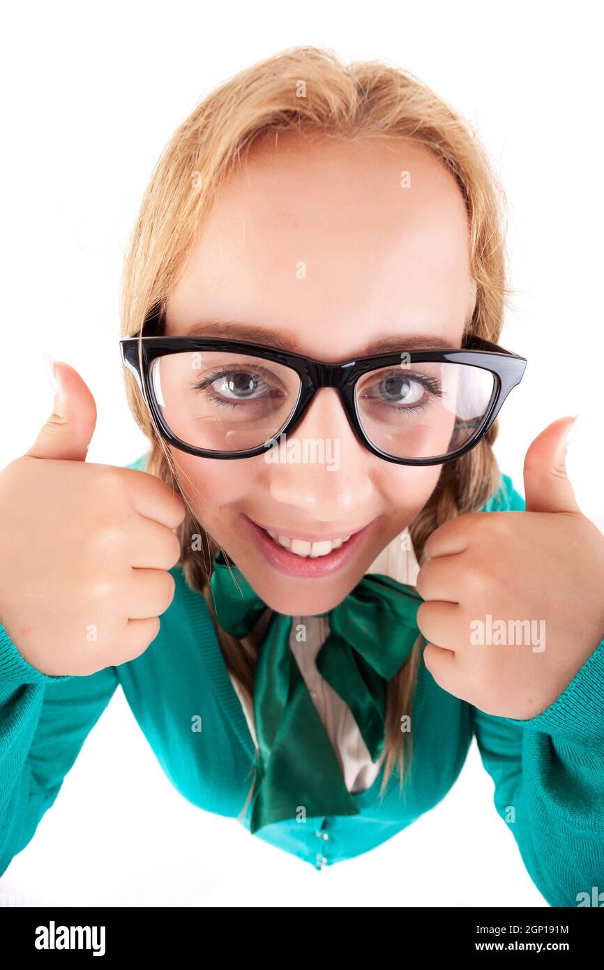 Silly nerd schoolgirl, posing over a white background Stock Photo - Alamy