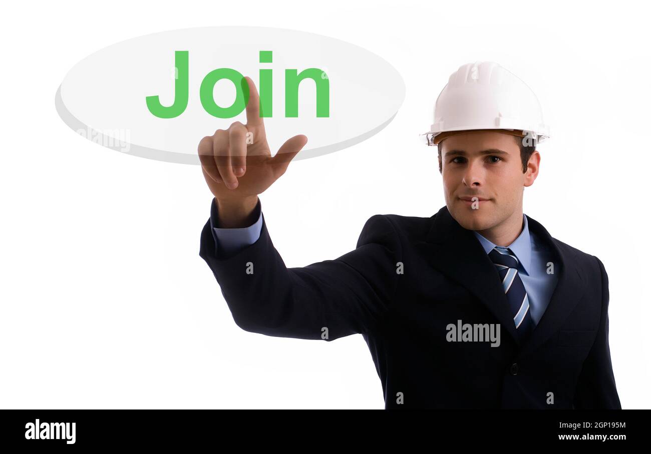 engineer pressing the join key, isolated over white Stock Photo - Alamy