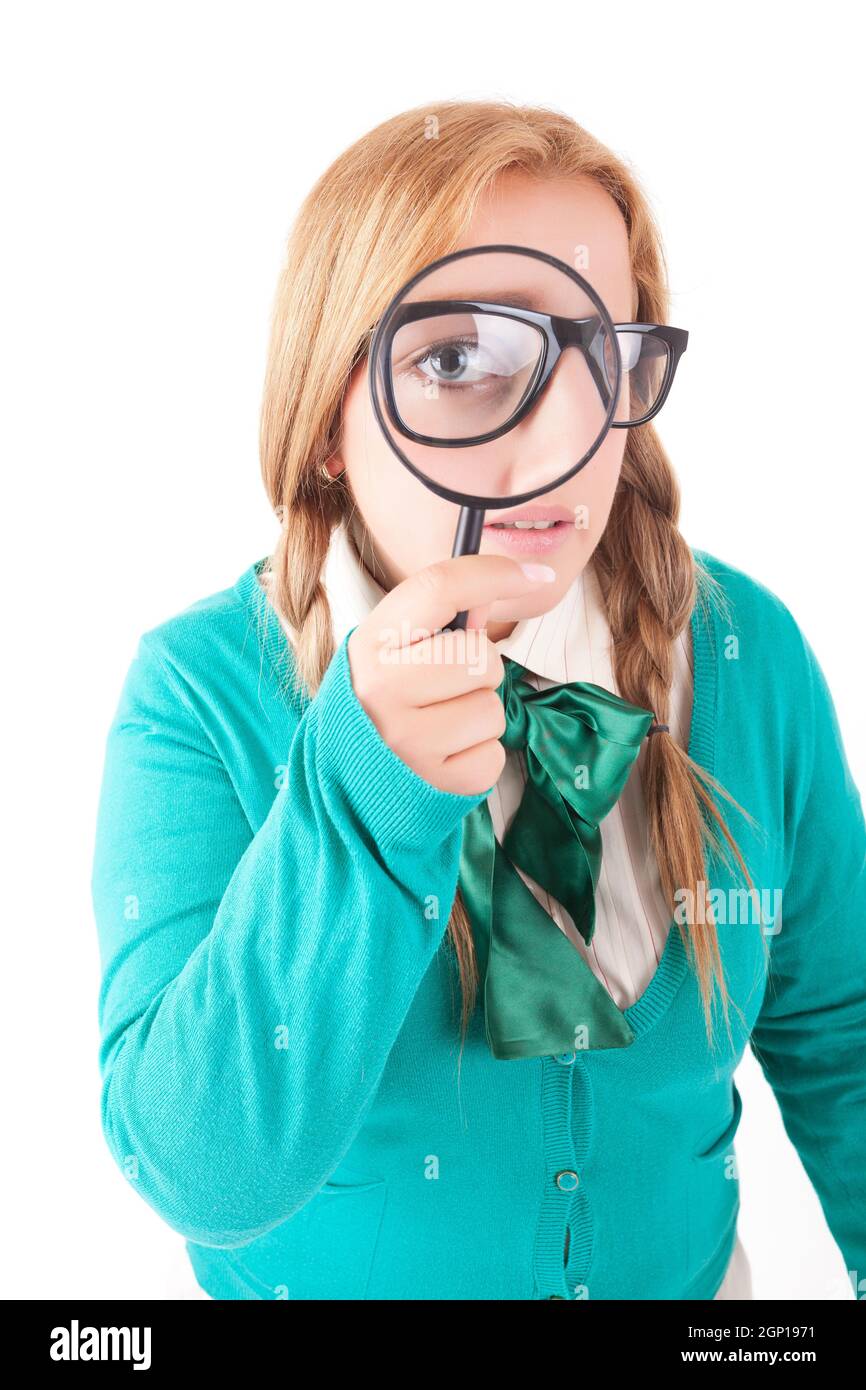 Silly nerd schoolgirl, posing over a white background Stock Photo - Alamy