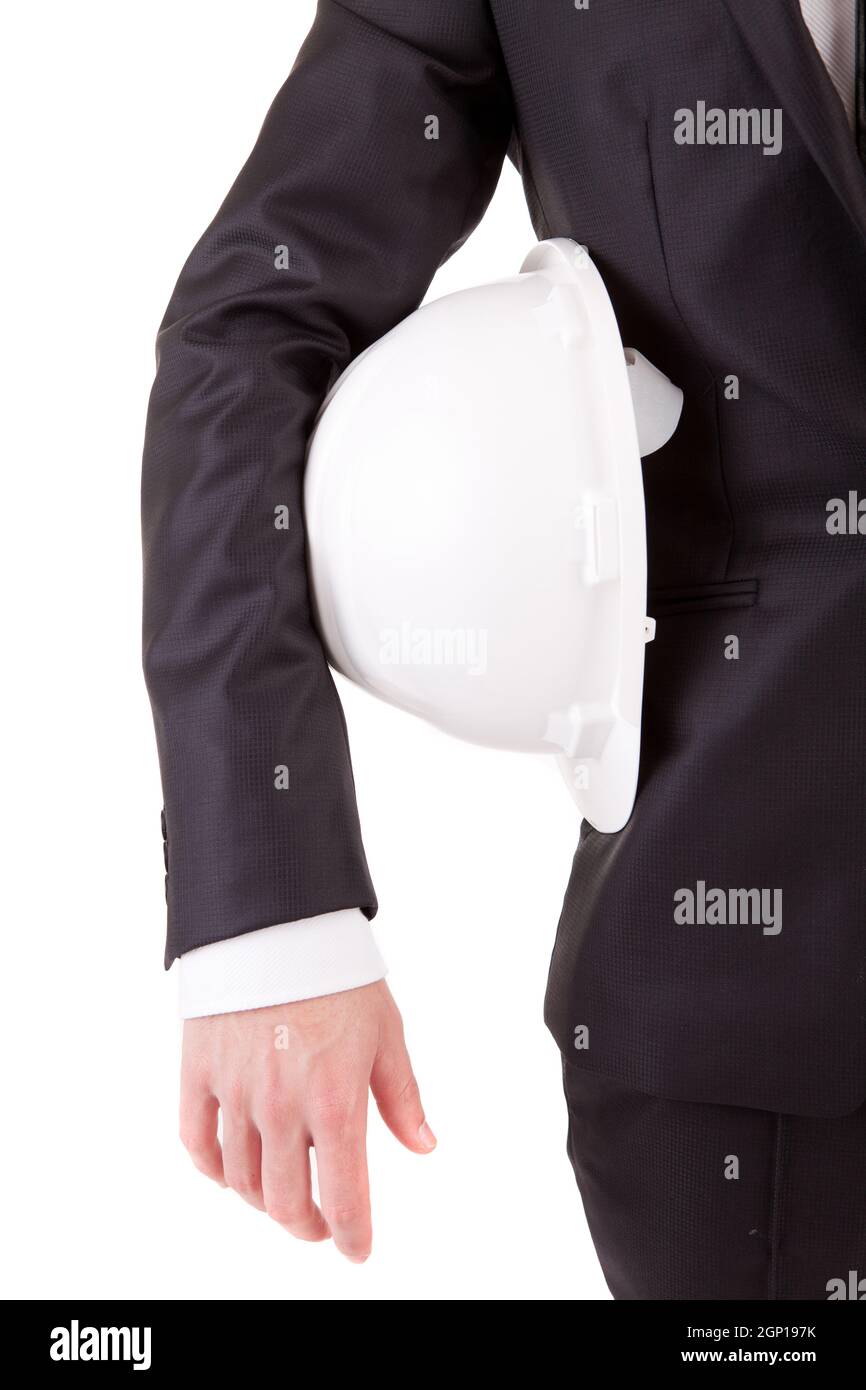 Detail of an engineer holding an helmet, isolated over white Stock ...