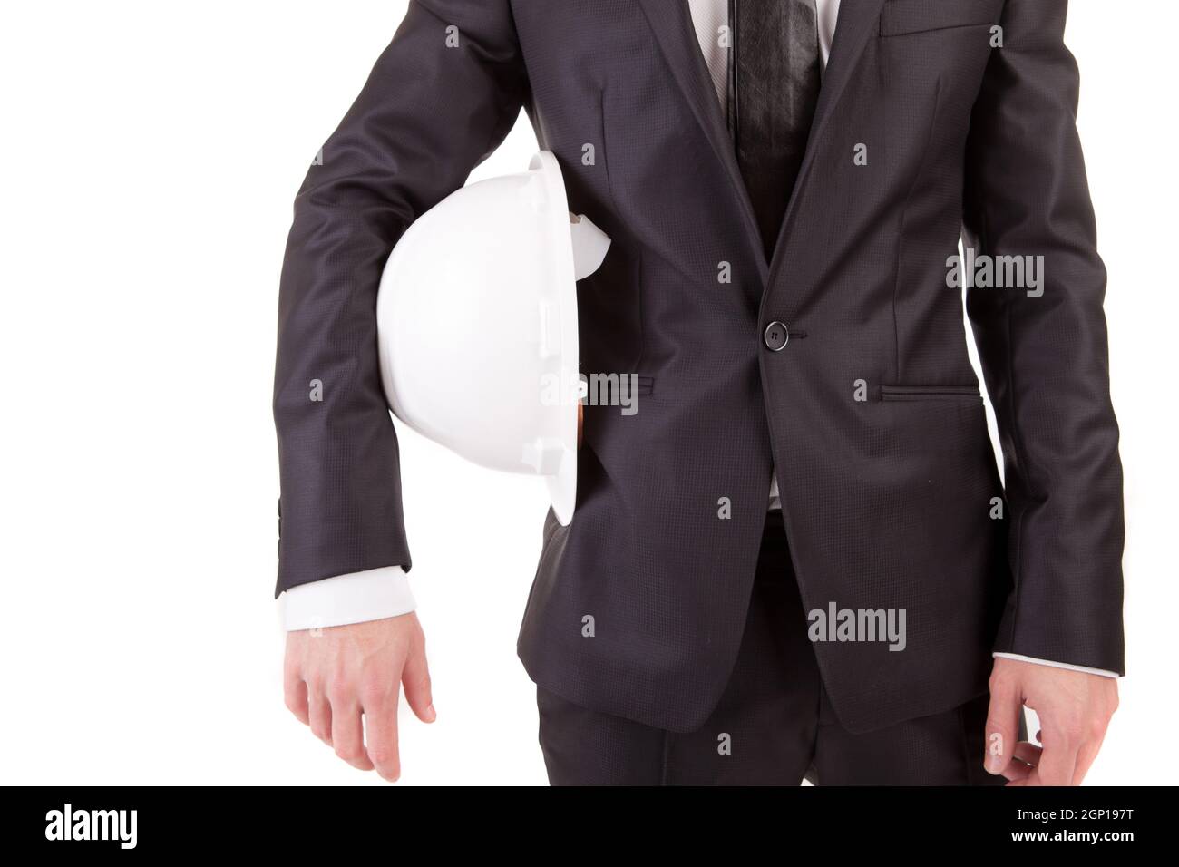 Detail of an engineer holding an helmet, isolated over white Stock ...