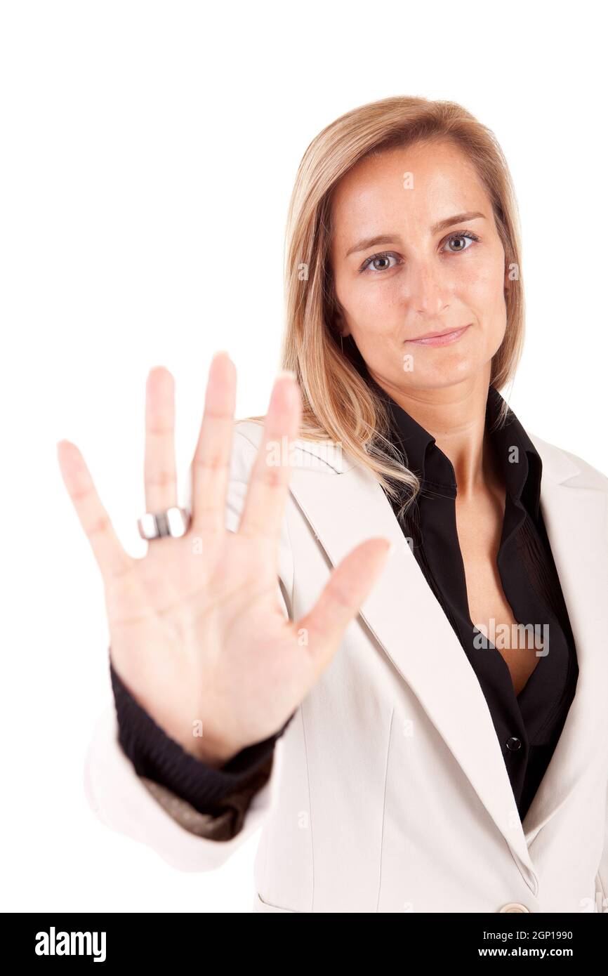 Business woman making stop sign - selective focus on face Stock Photo ...