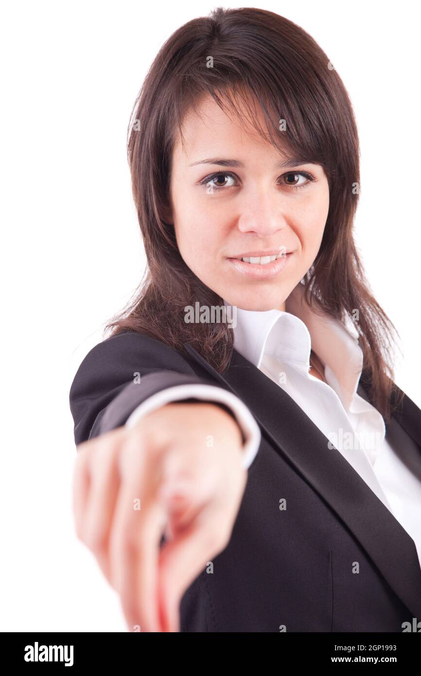Business woman, pointing forward - isolated over white background Stock ...