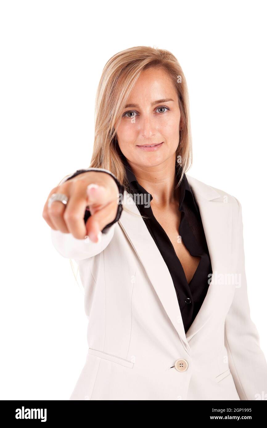 Business woman, pointing forward - isolated over white Stock Photo - Alamy