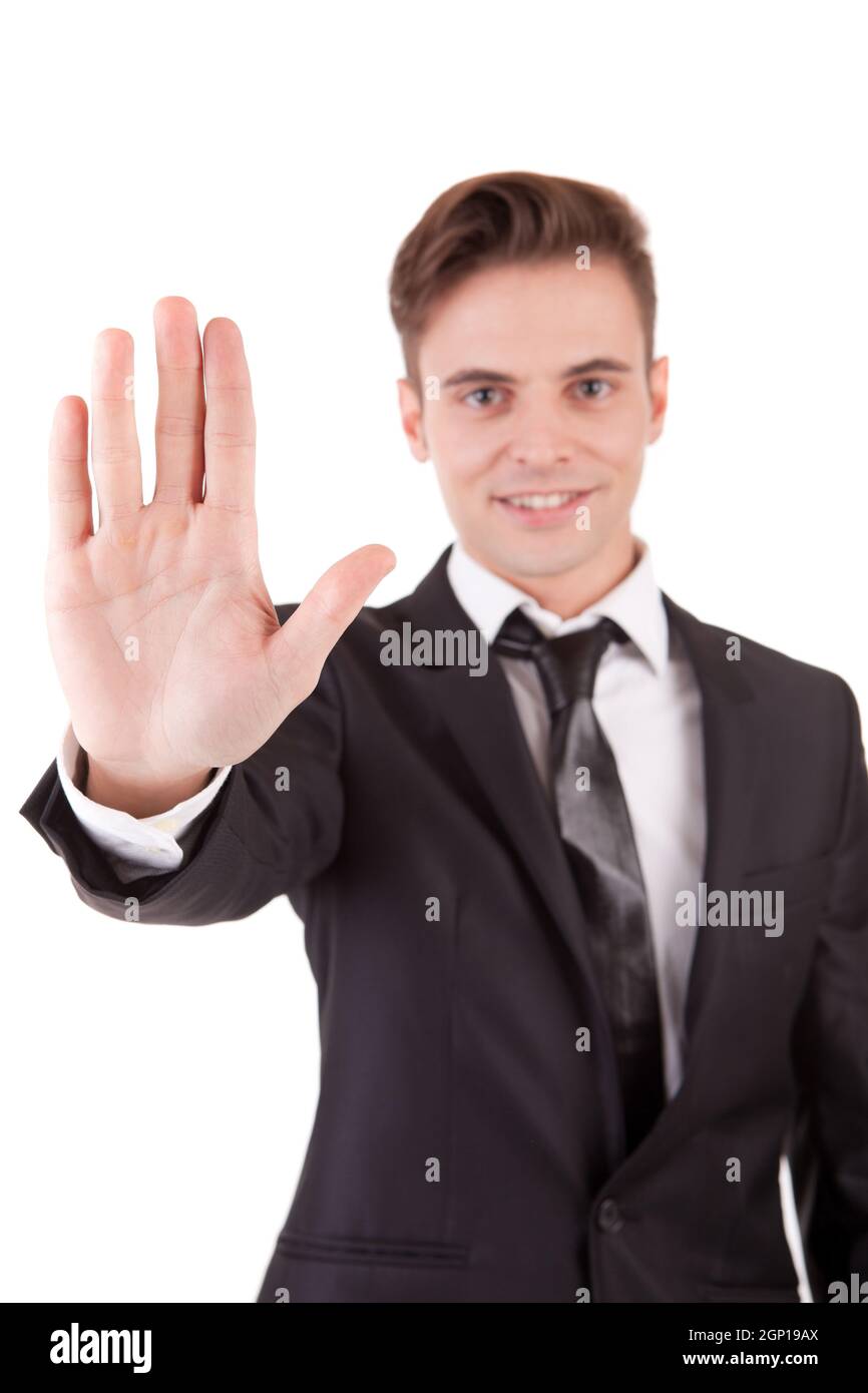 Engineer making stop sign - isolated on white background Stock Photo ...