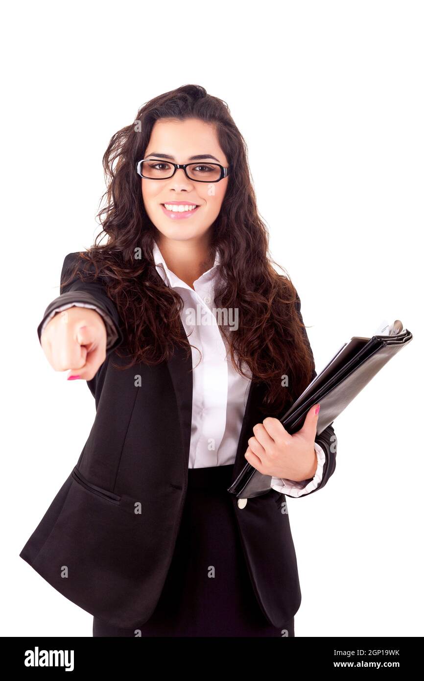 Business woman, pointing forward - isolated over white Stock Photo - Alamy