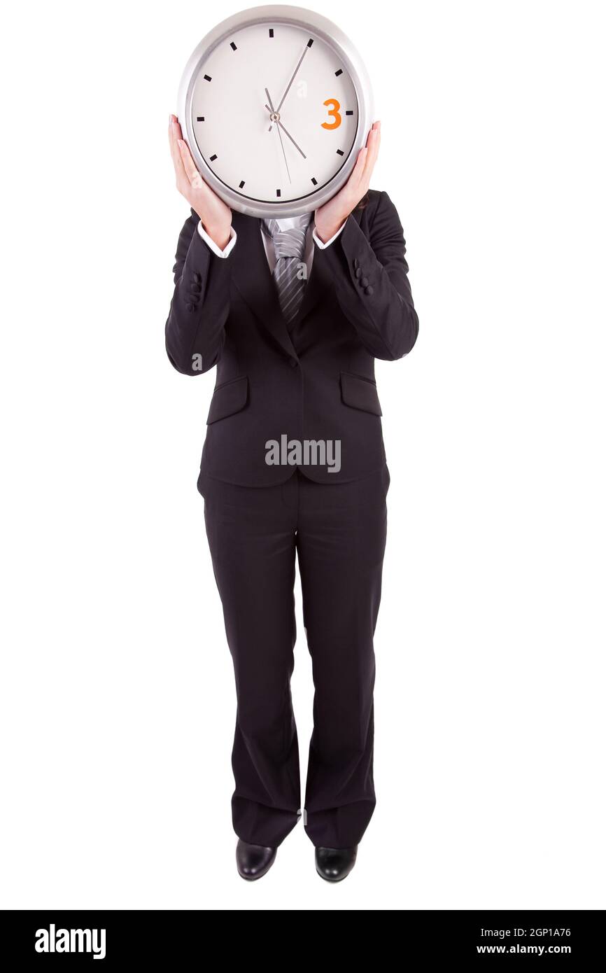 Business woman holding a clock, isolated over white Stock Photo - Alamy