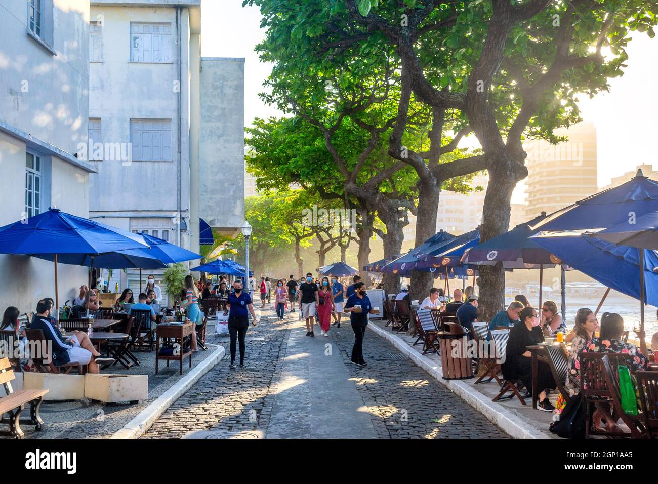 Crowded restaurant patio in the Copacabana Beach in Rio de Janeiro ...