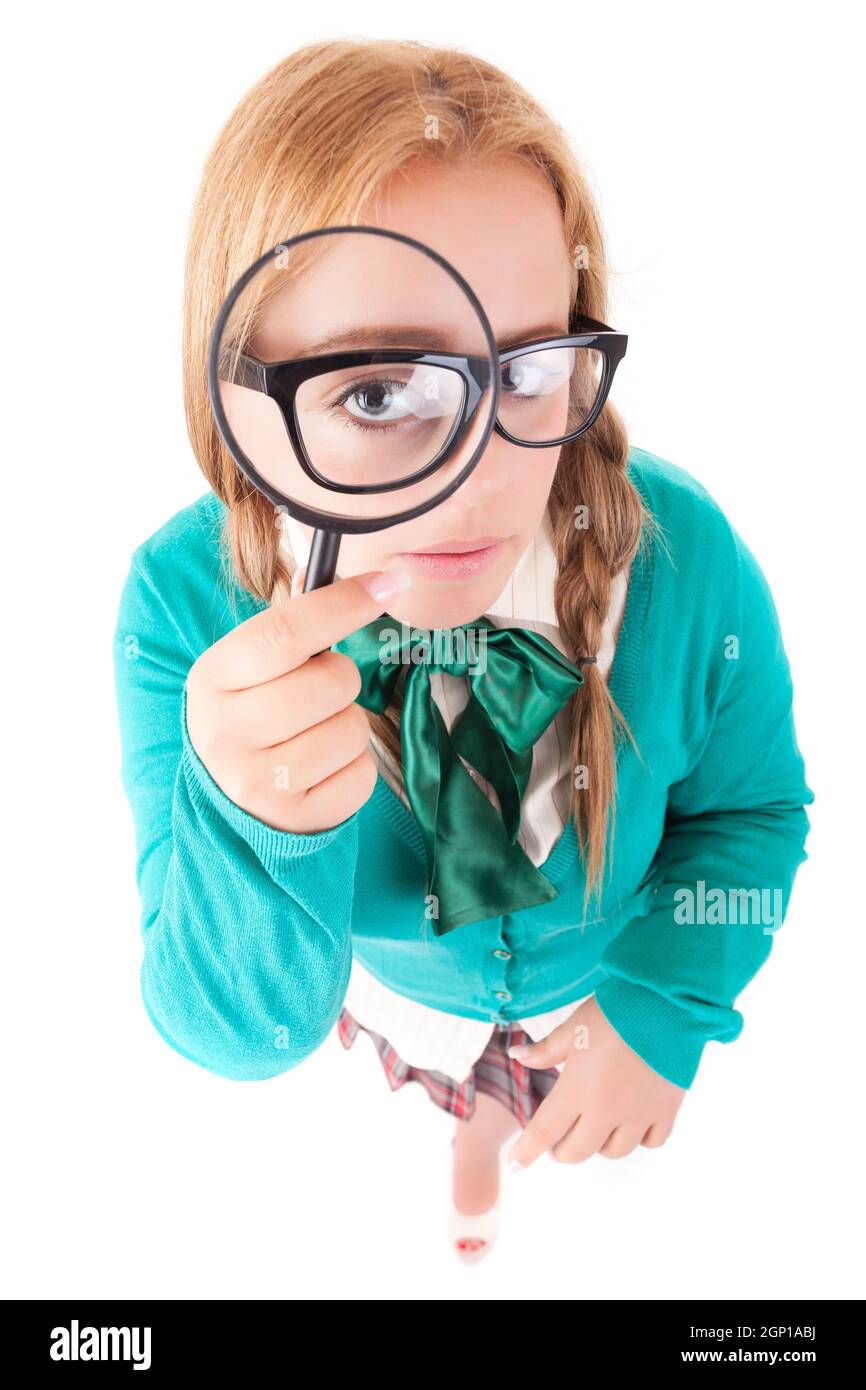 Silly nerd schoolgirl, posing over a white background Stock Photo - Alamy