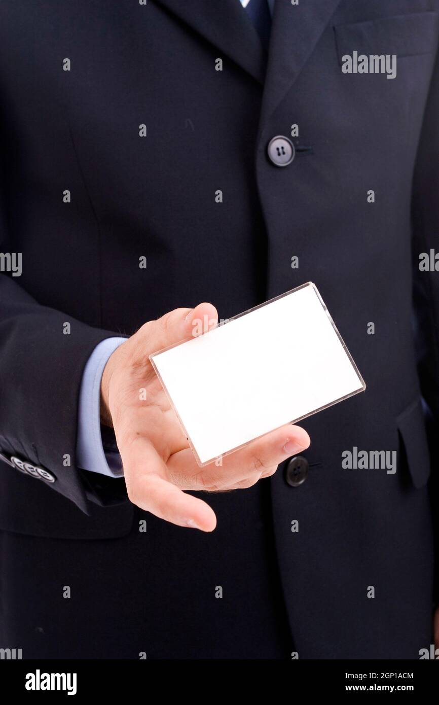 Hand of businessman offering businesscard over white background Stock ...