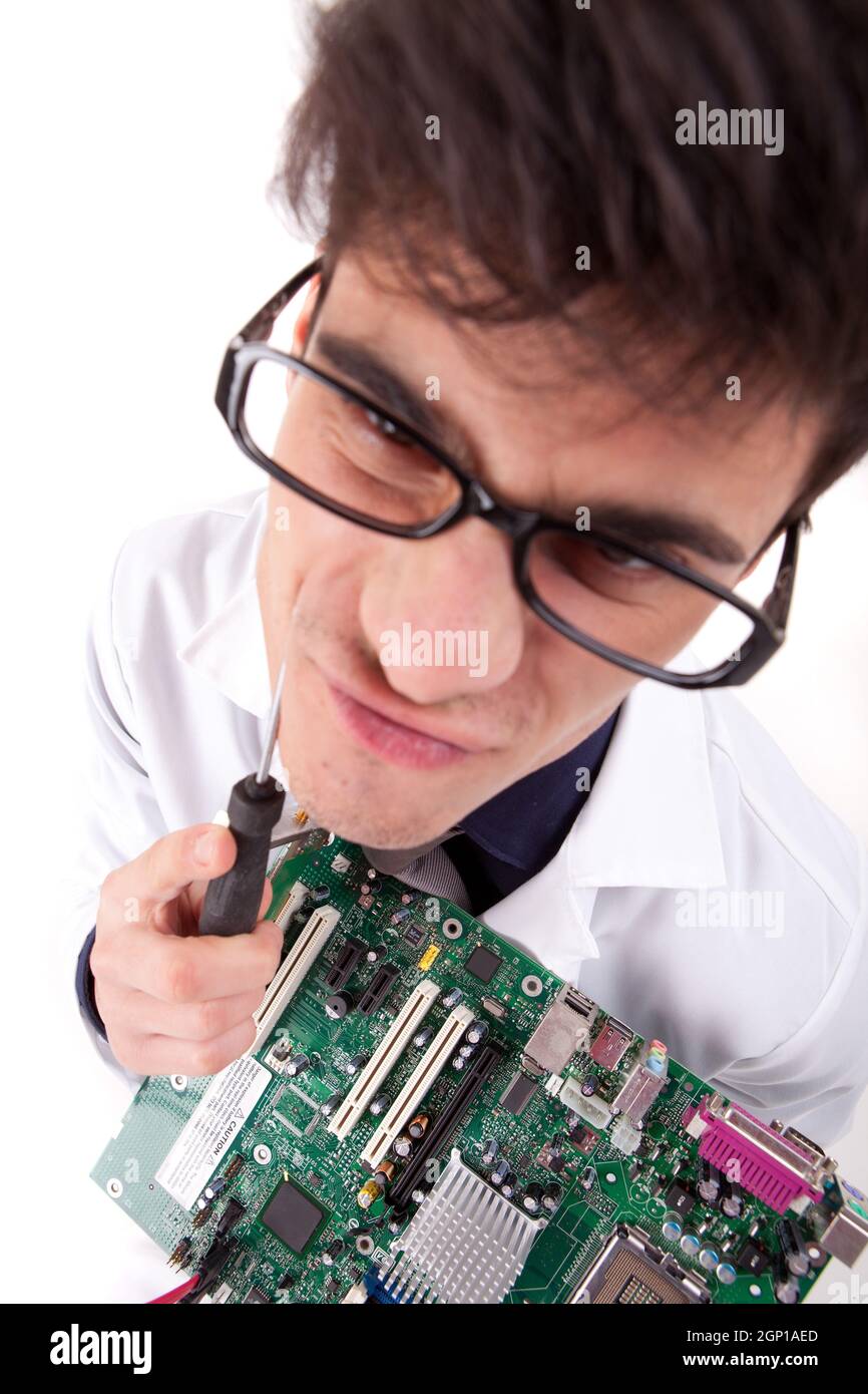 Computer Engineer, isolated over white background - selective focus on ...