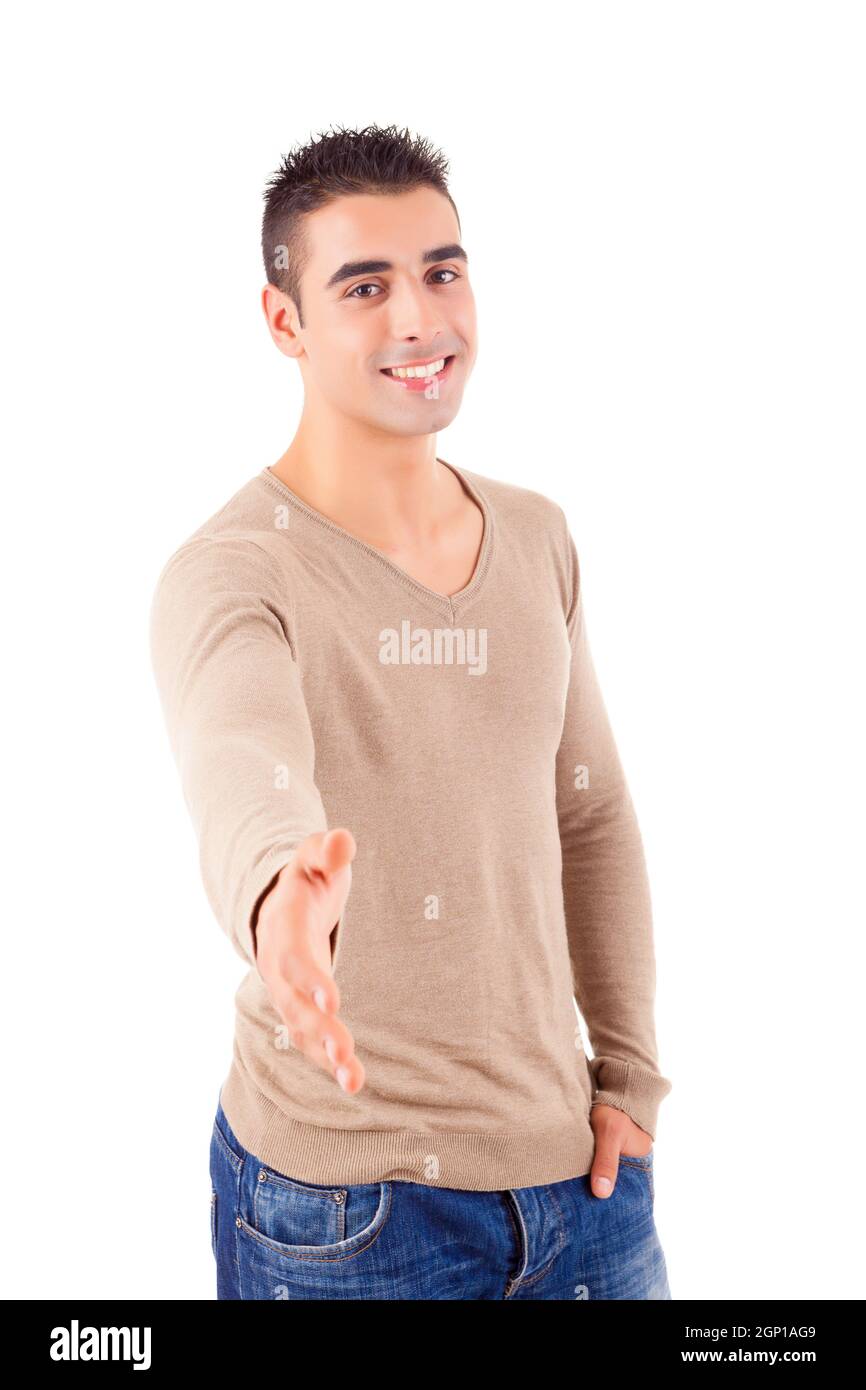 Young man offering handshake, isolated over a white background Stock Photo - Alamy