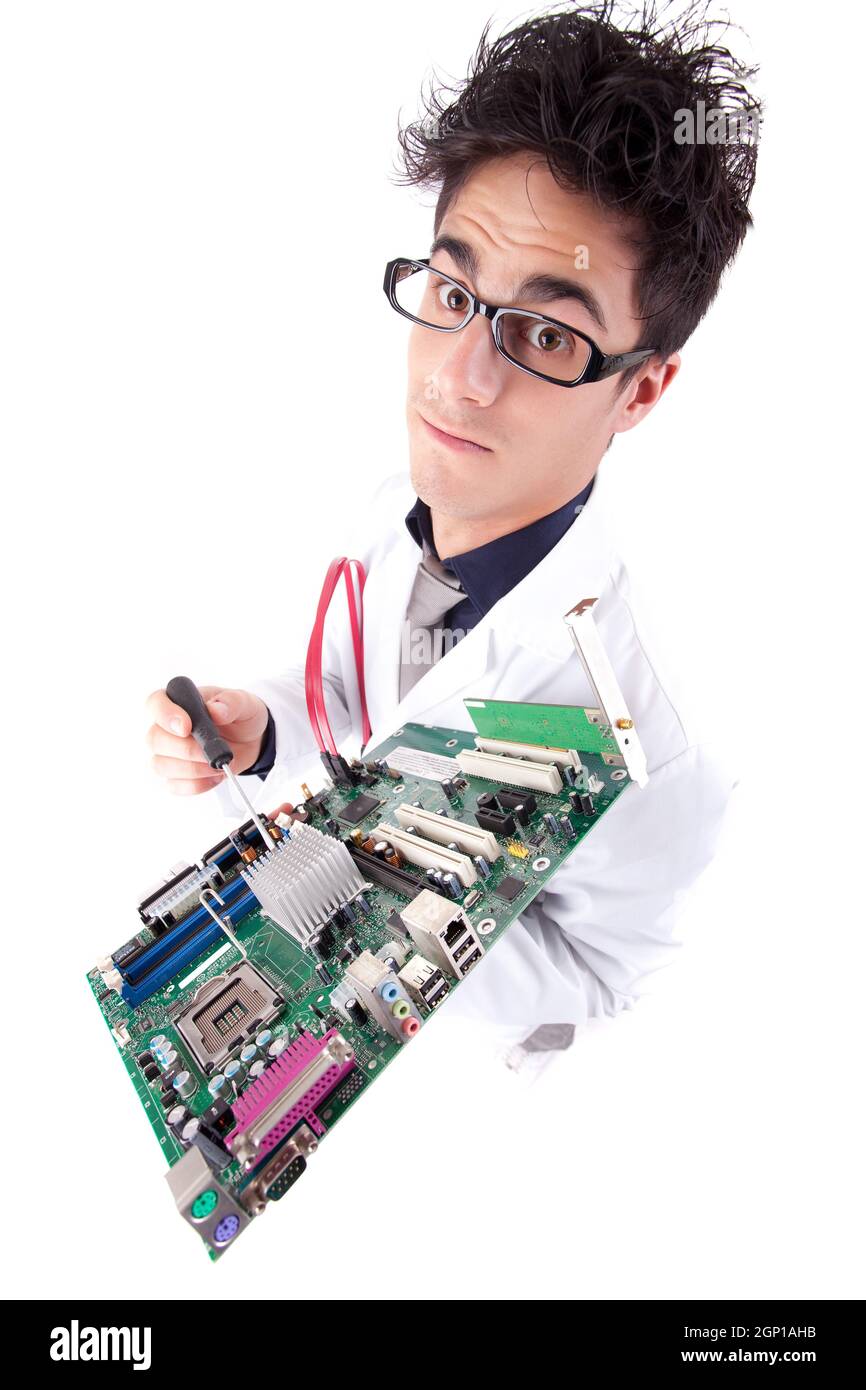 Computer engineer working on an old motherboard Stock Photo - Alamy
