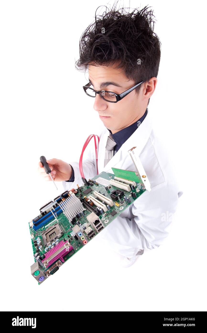 Computer engineer working on an old motherboard Stock Photo - Alamy
