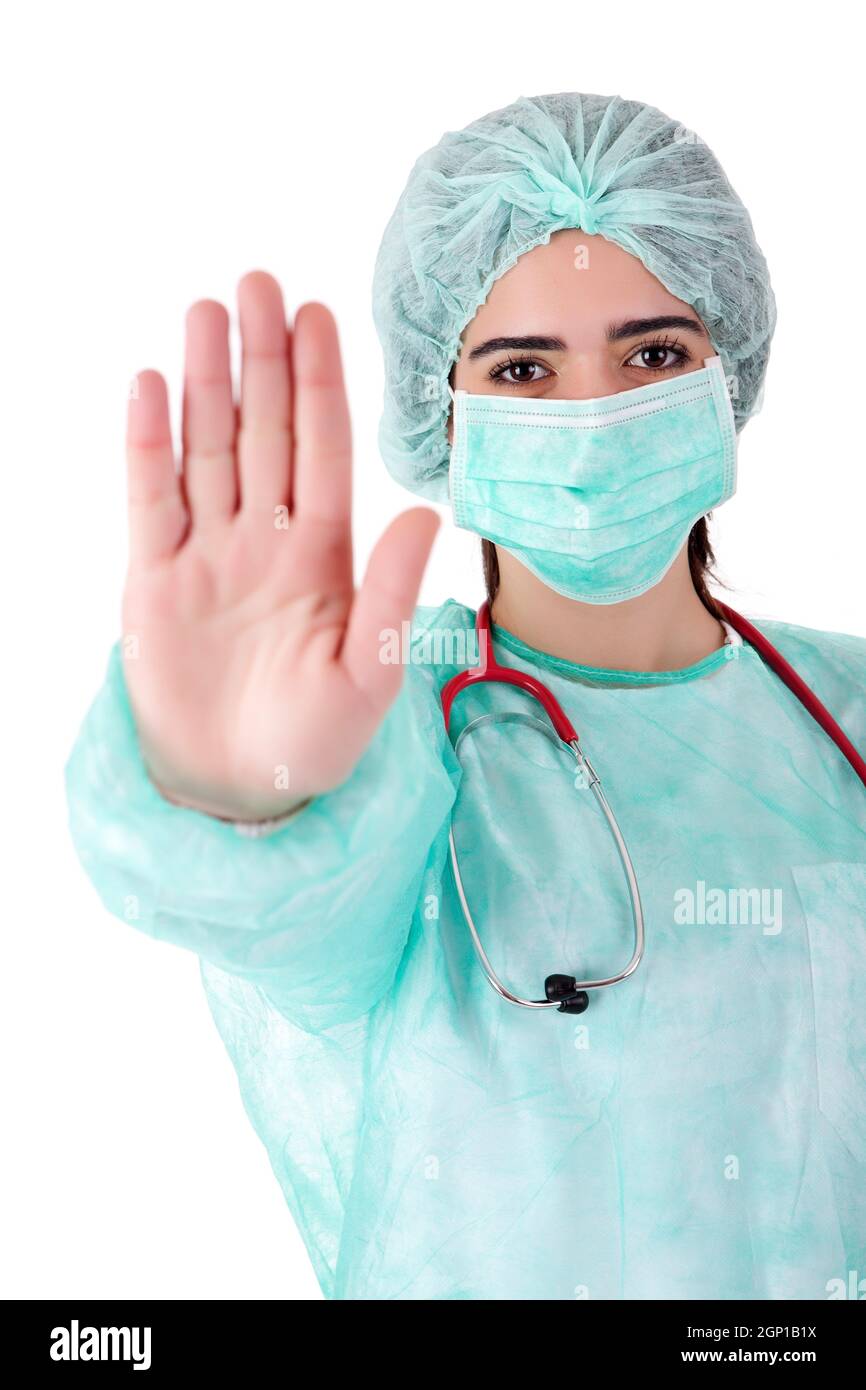 Young nurse making stop sign Stock Photo - Alamy