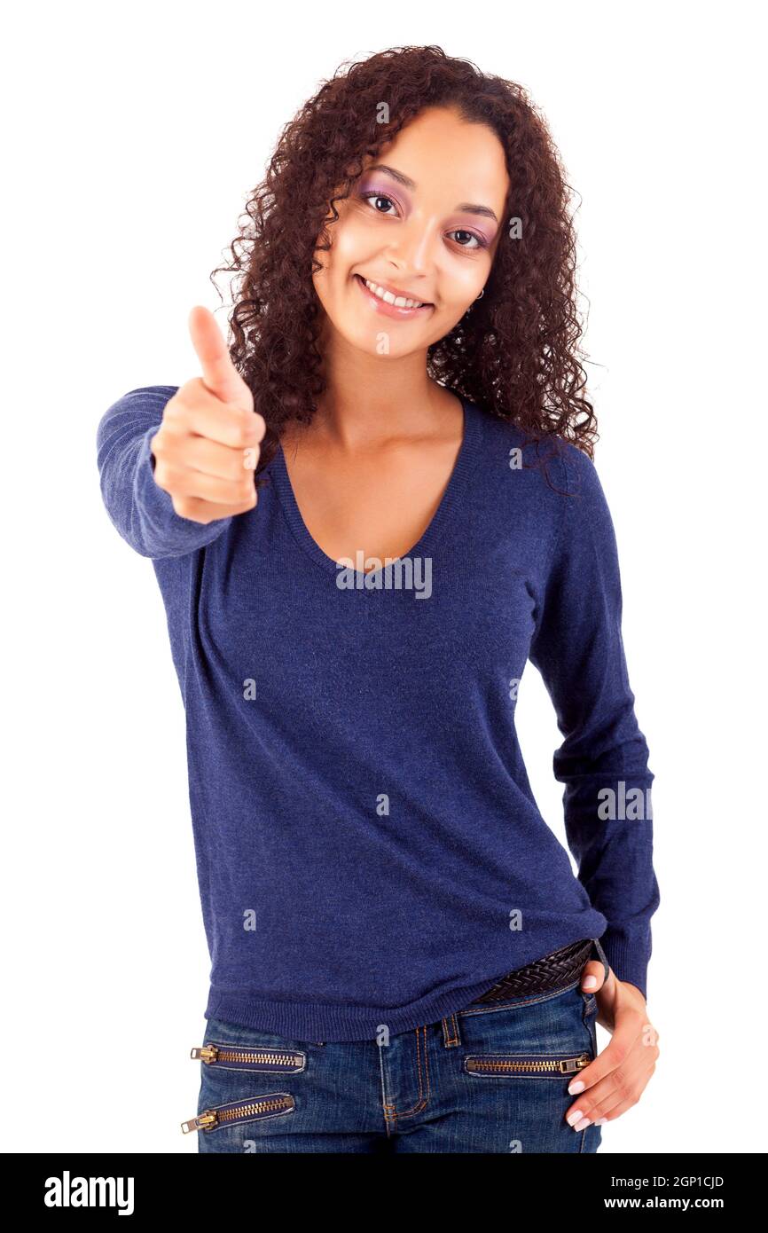 Happy young woman expressing positivity sign, isolated over white Stock ...
