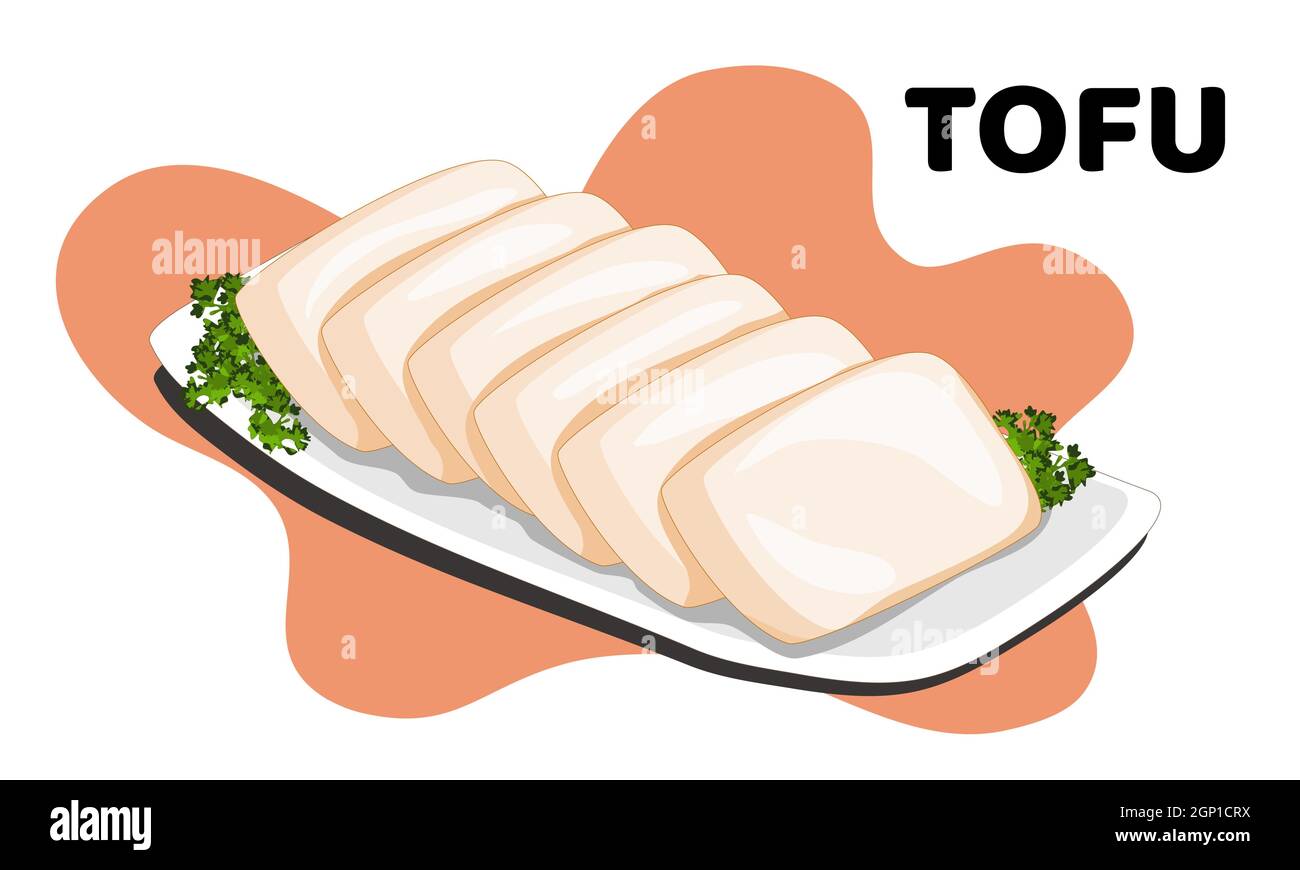 a dish of cutting tofu on white background. Close up hand drawing ...