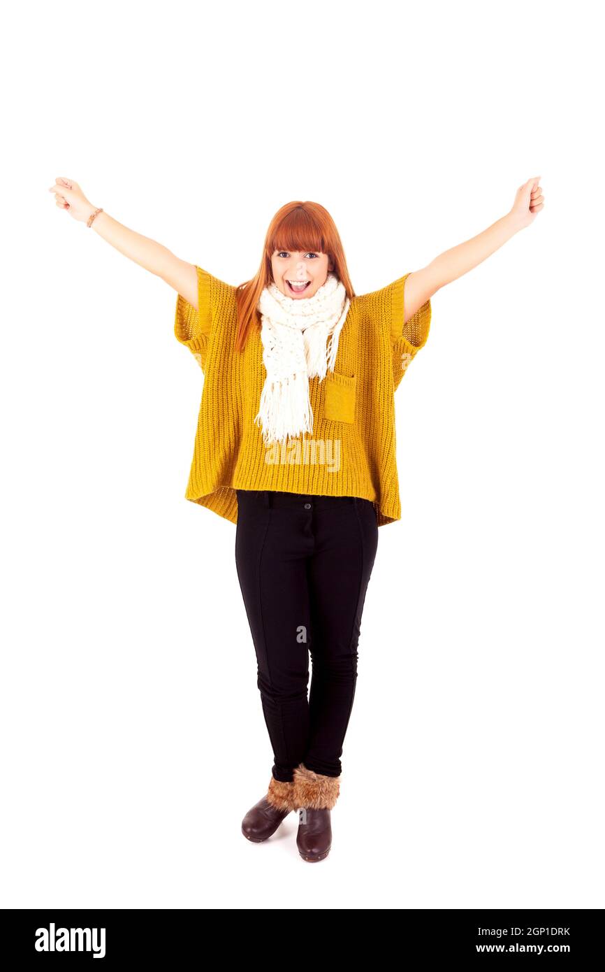 Happy young woman expressing positivity sign, isolated over white Stock ...