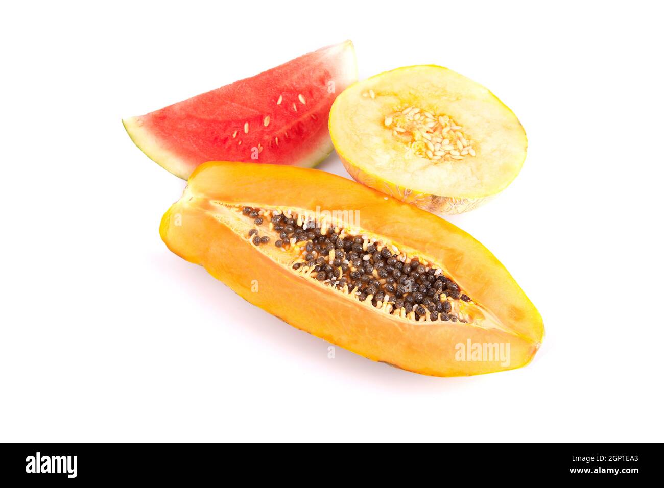 Papaya, melon and watermelon slices isolated over white Stock Photo - Alamy