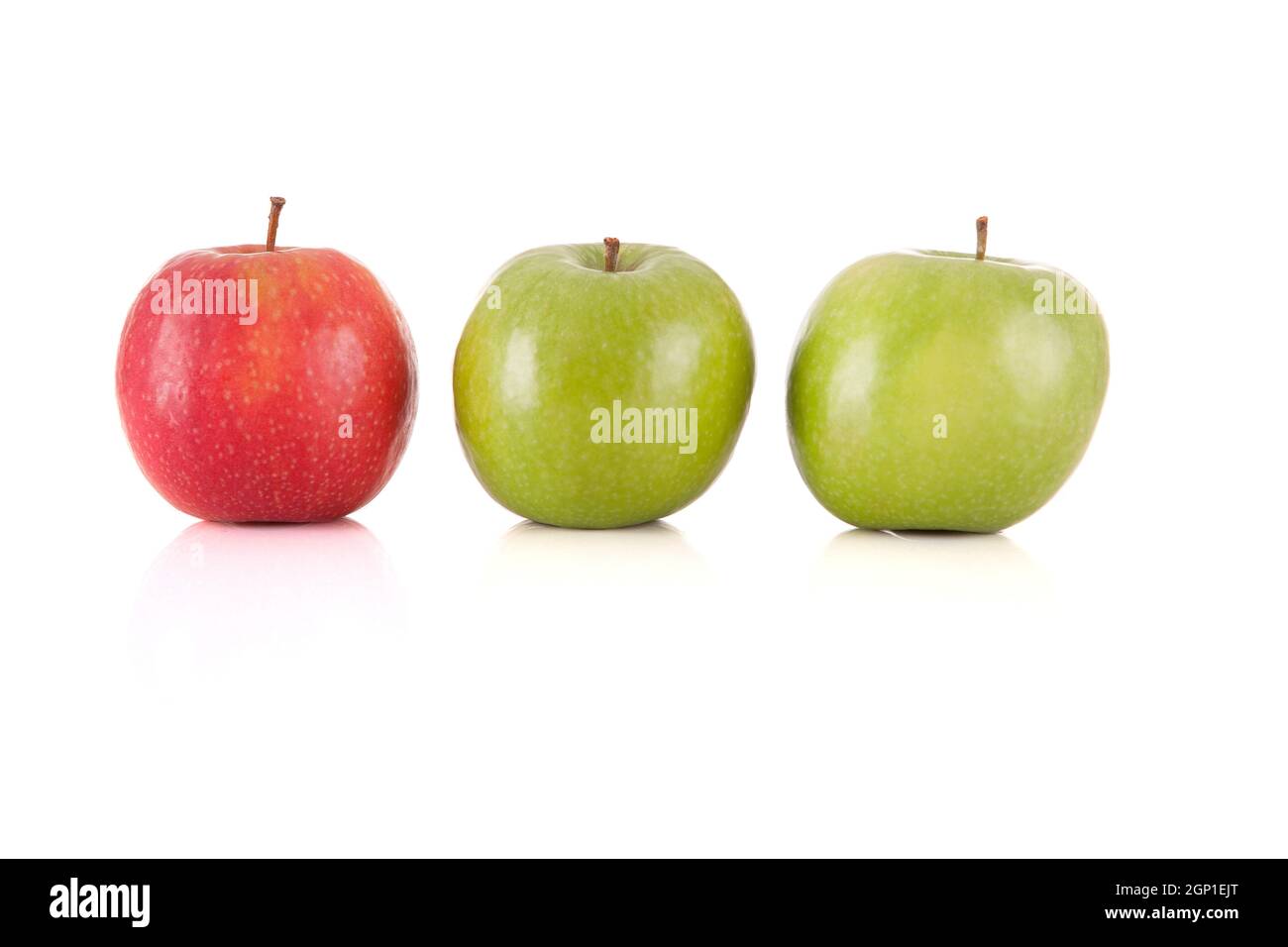 Red apple among green apples isolated on a white background Stock Photo ...