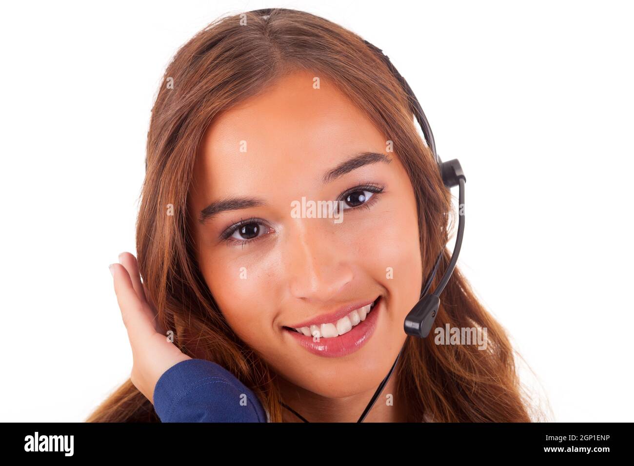 Friendly telephone operator, isolated over white background Stock Photo - Alamy