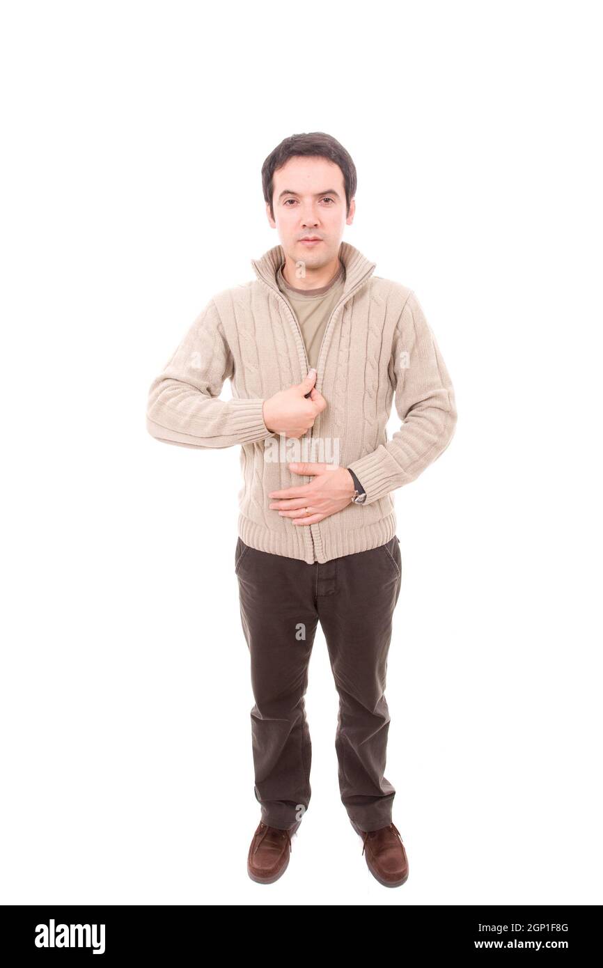 Man dressing coat, isolated over white background Stock Photo - Alamy