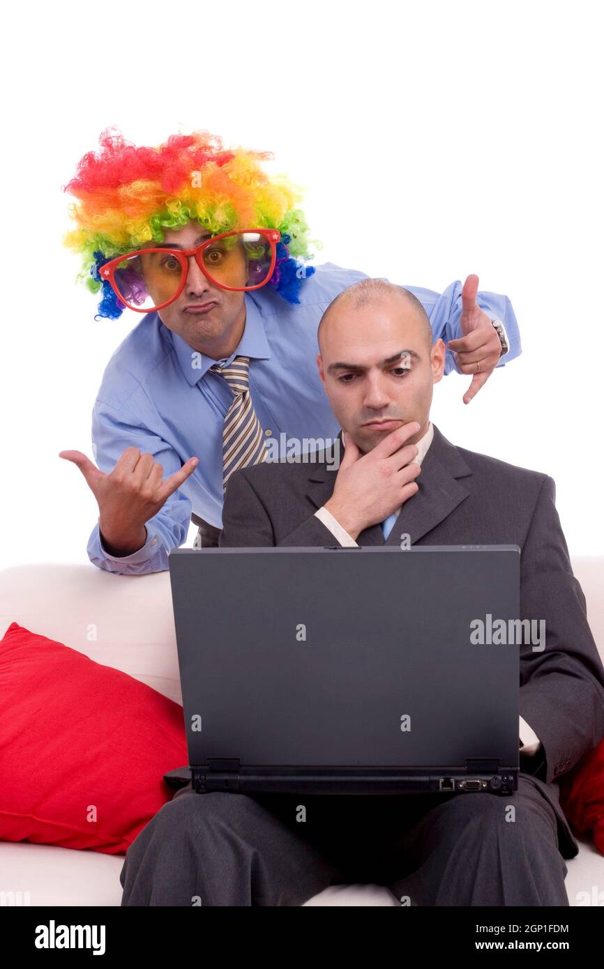 Silly man, making fun of his partner, isolated in white Stock Photo - Alamy