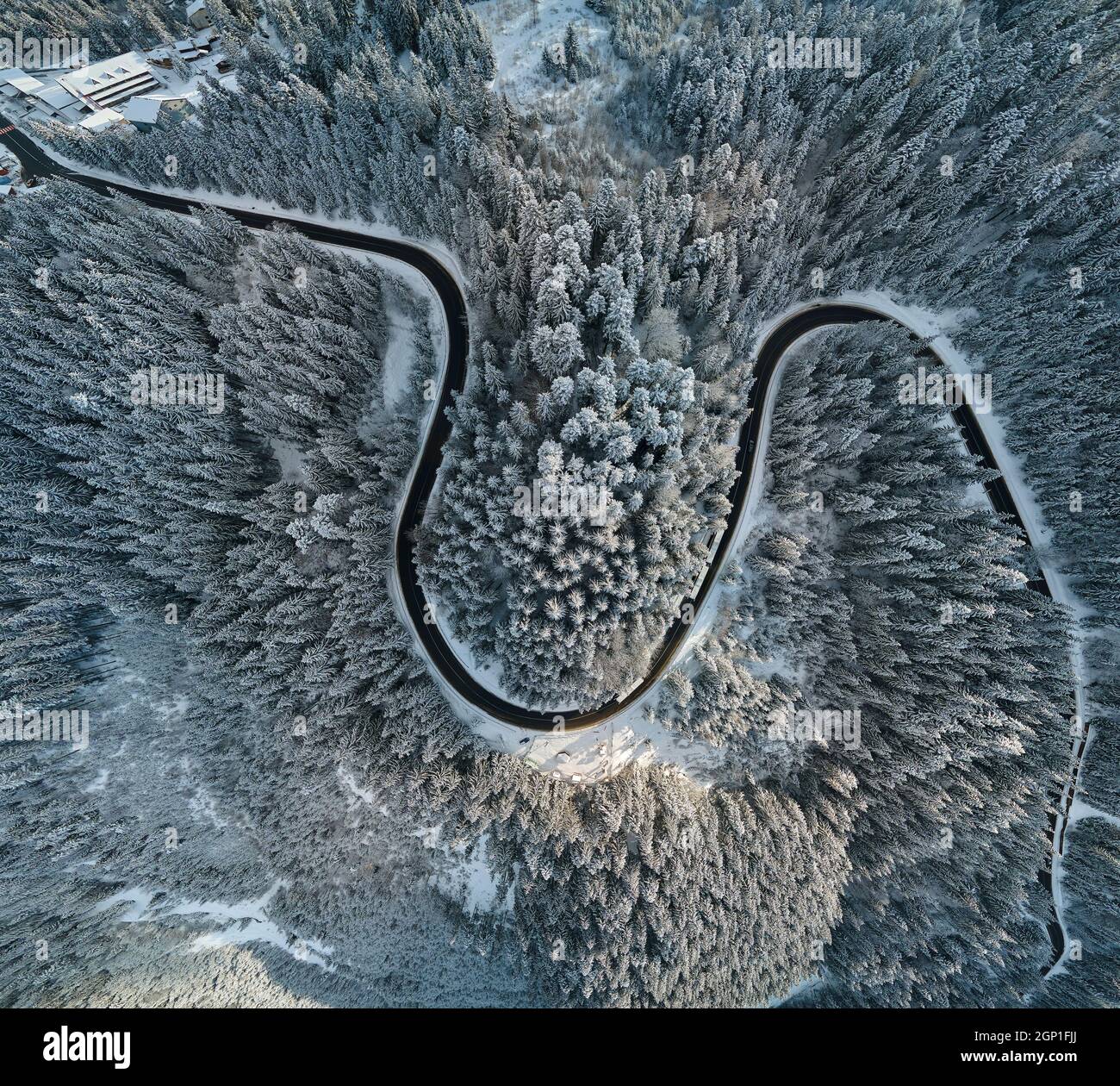 Aerial view of winter landscape with snow covered mountain hills and ...