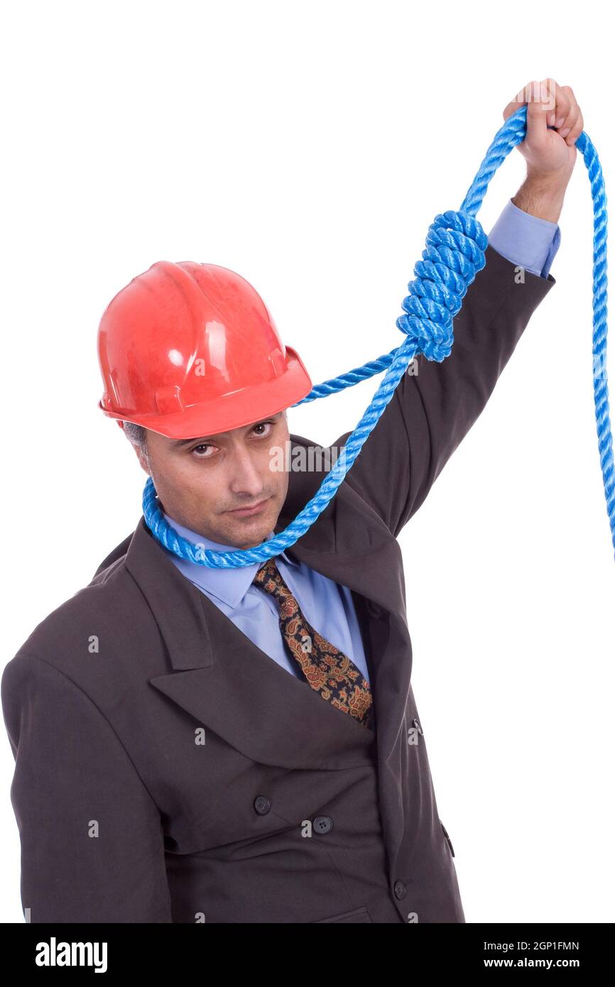 Business man hanging on a rope, isolated over white background Stock ...