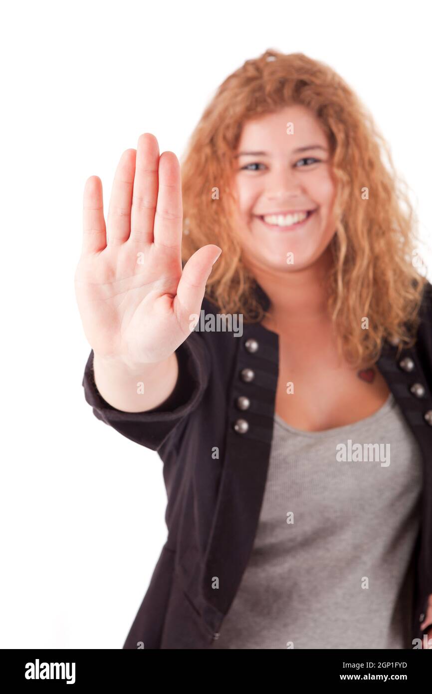 Business woman making stop sign over white background Stock Photo - Alamy