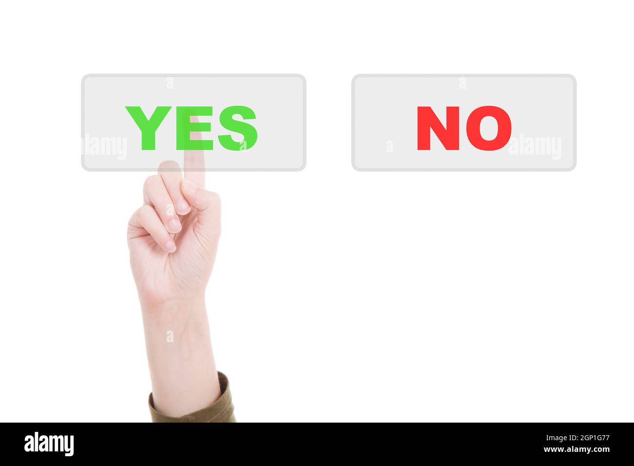 Man's Finger pressing the YES key - Isolated over white background ...