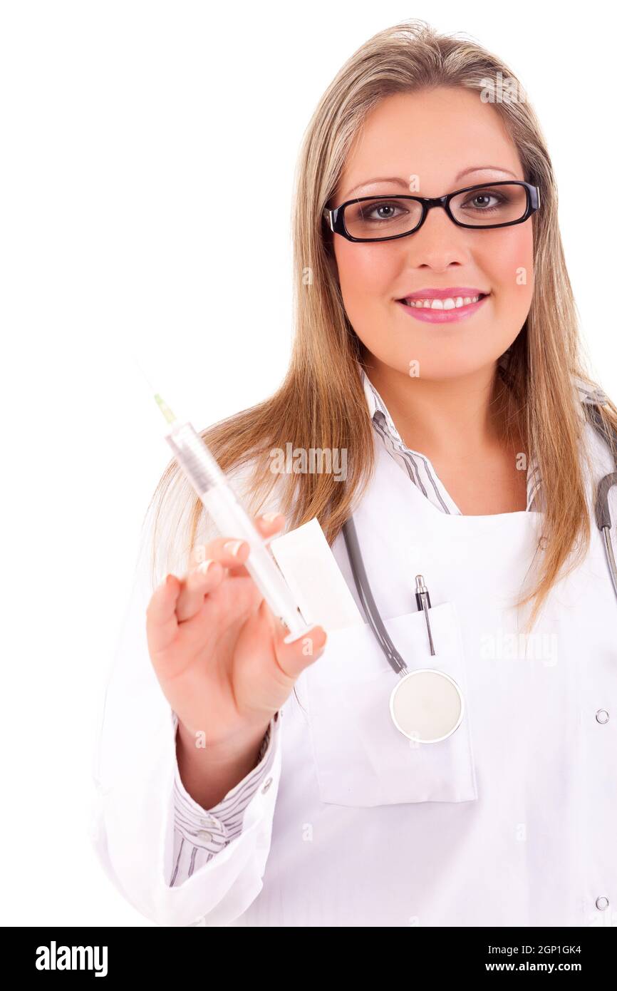 Nurse holding a syringe, isolated over white background Stock Photo - Alamy