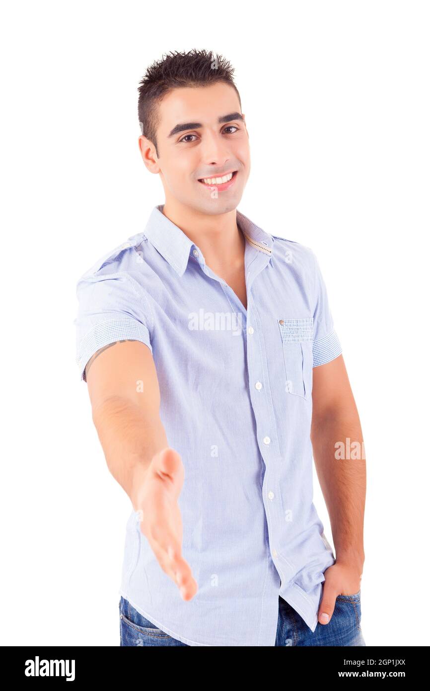 Young man offering handshake, isolated over a white background Stock Photo - Alamy