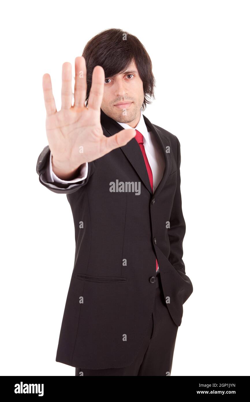 Business man making stop sign, isolated Stock Photo - Alamy