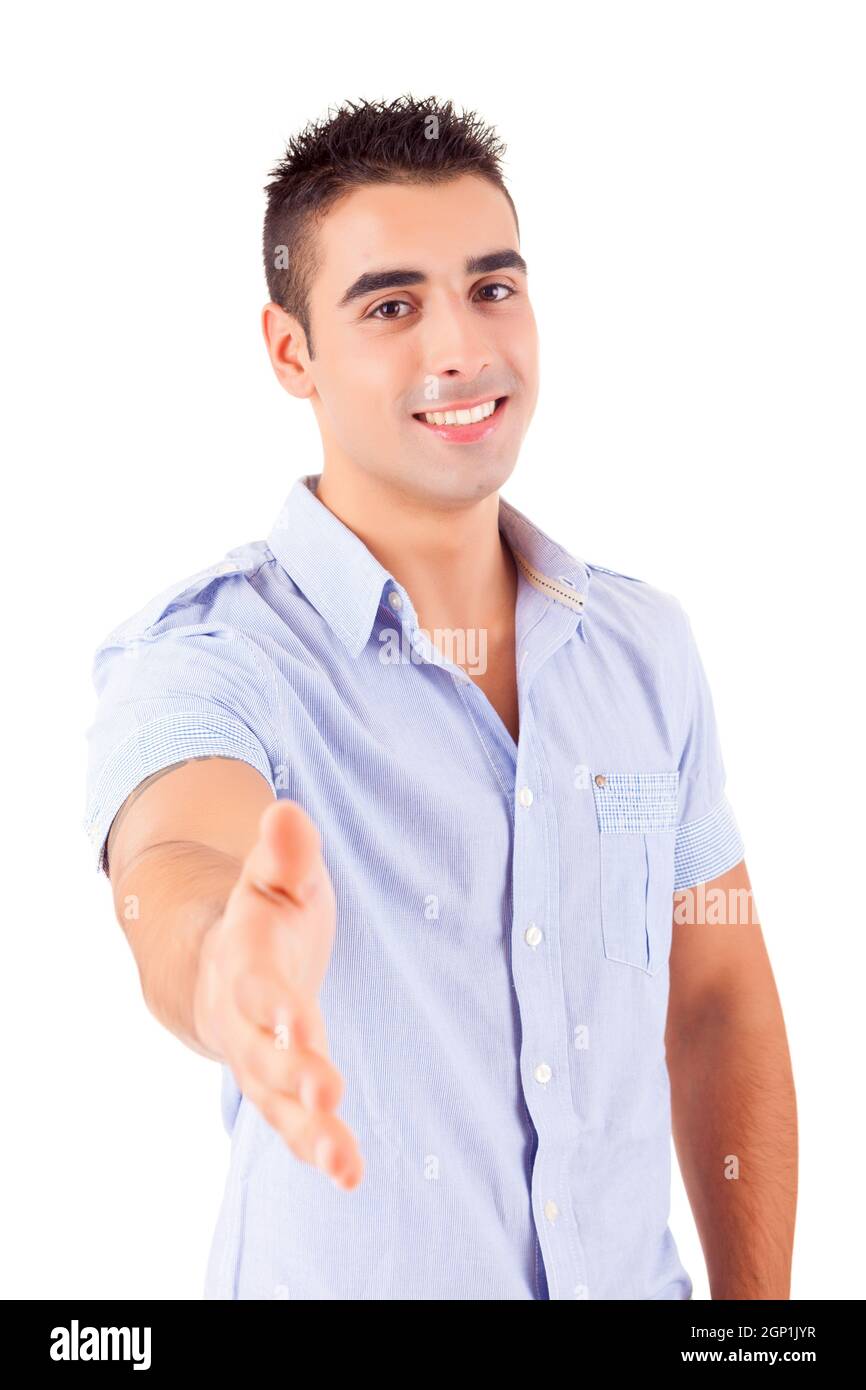 Young man offering handshake, isolated over a white background Stock Photo - Alamy