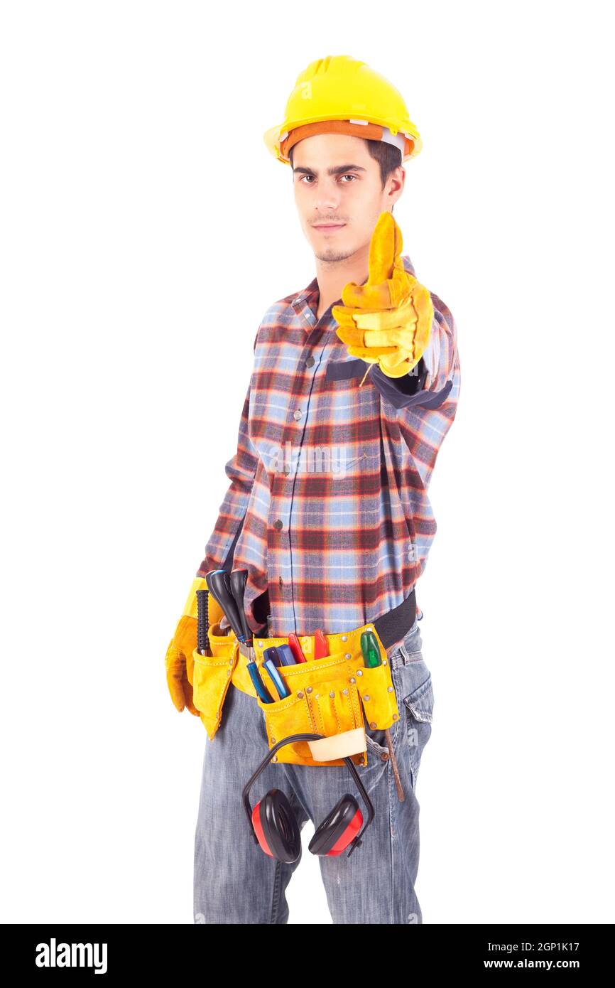 Young male construction worker, isolated over white background Stock ...