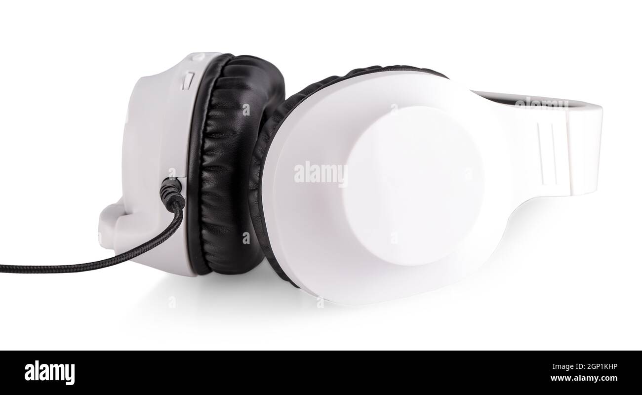 White headphones with a microphone isolated on white background Stock ...