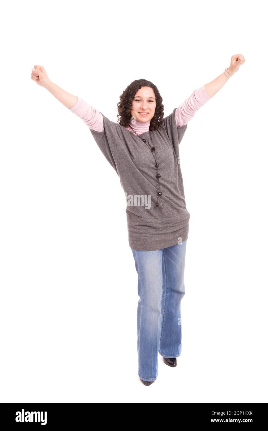 Very happy girl with arms raised, isolated over white Stock Photo - Alamy