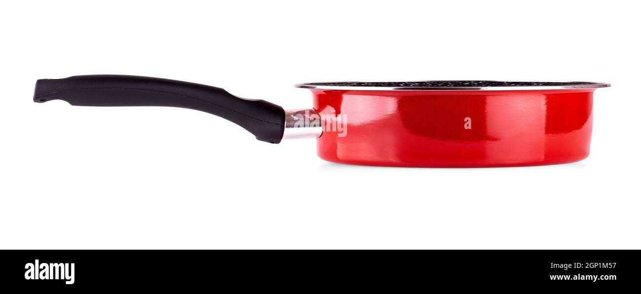 Modern red clean frying pan isolated on white Stock Photo - Alamy