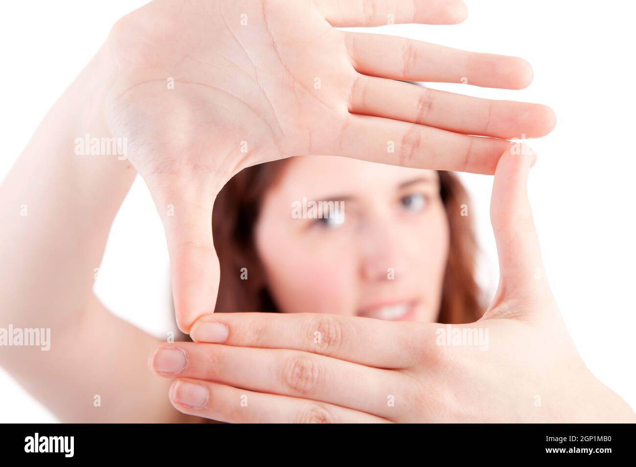 Woman showing framing hand gesture - focus on hands Stock Photo - Alamy