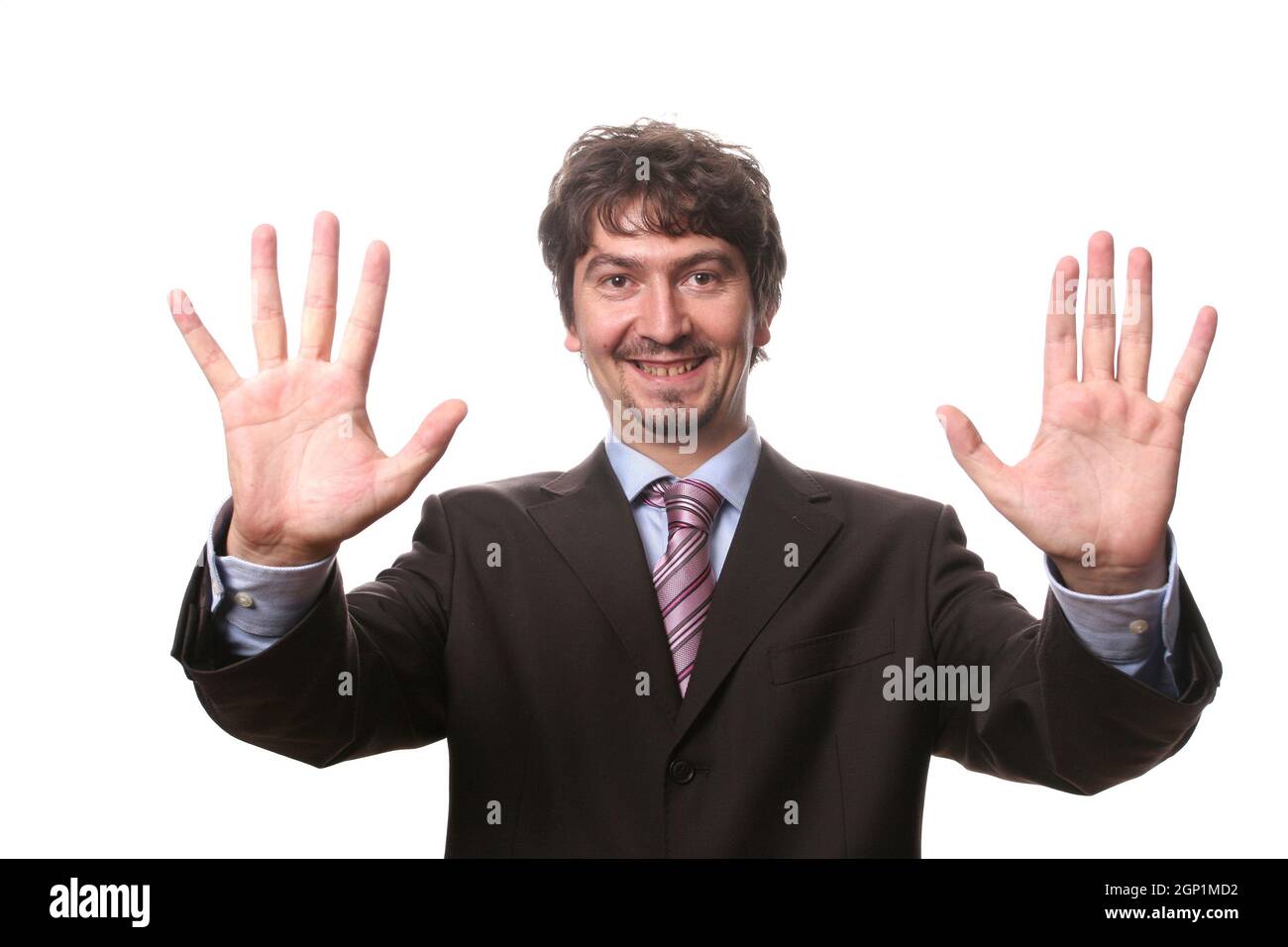Business man with hands open isolated on white background Stock Photo ...