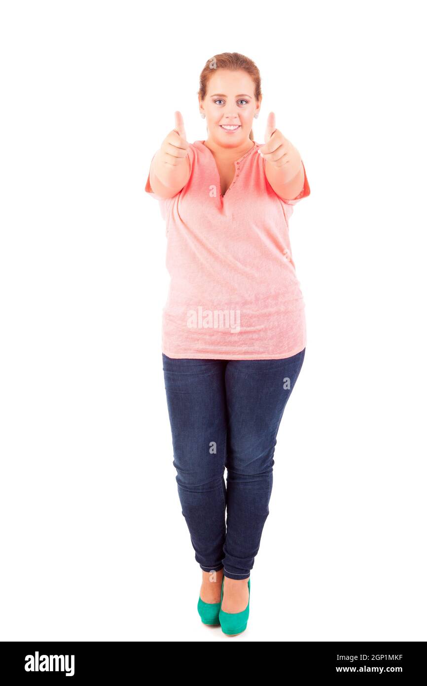 Happy overweighted woman posing isolated over white background Stock ...