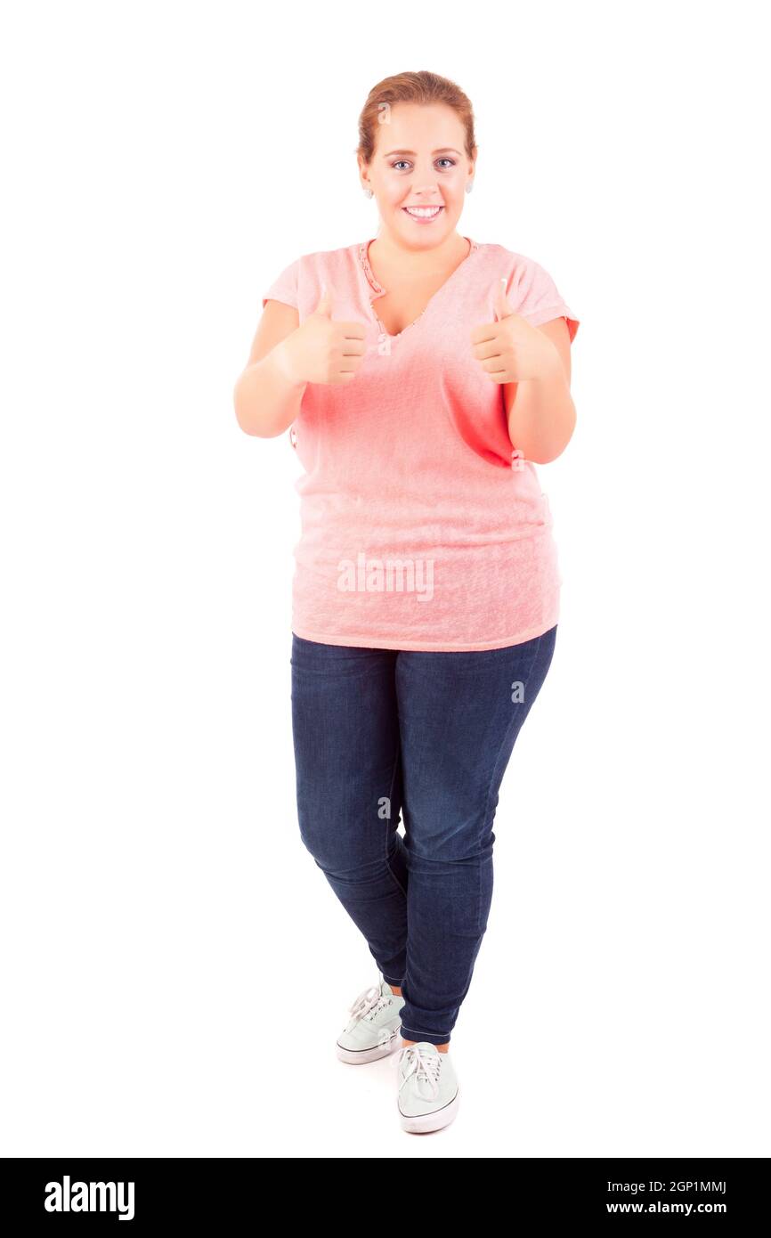 Happy overweighted woman posing isolated over white background Stock ...