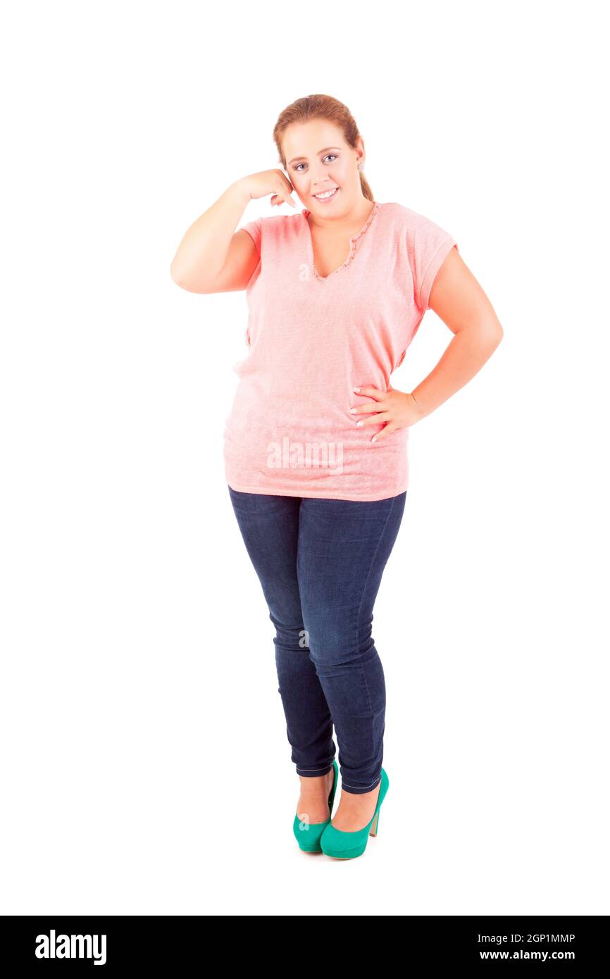 Happy overweighted woman posing isolated over white background Stock ...