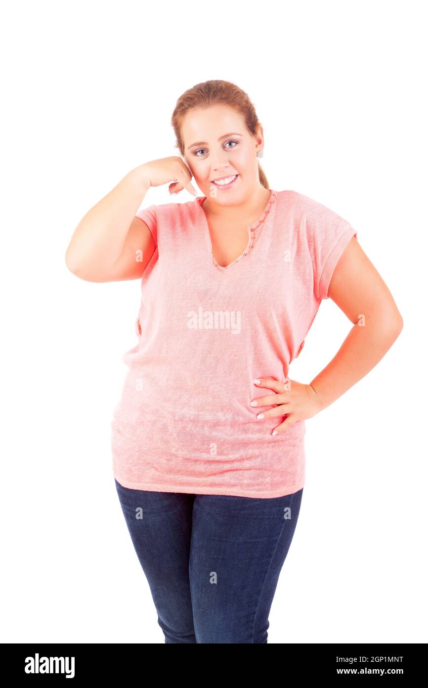 Happy overweighted woman posing isolated over white background Stock ...